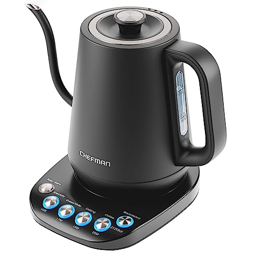 Chefman TrueTemp Precision Control Gooseneck Kettle, Internal Custom Temperature Control and 6 One-Touch Presets, Boil-Dry Protection Auto Shut-Off for Safety, For Pour Over Coffee and Tea, Black