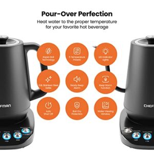 Chefman TrueTemp Precision Control Gooseneck Kettle, Internal Custom Temperature Control and 6 One-Touch Presets, Boil-Dry Protection Auto Shut-Off for Safety, For Pour Over Coffee and Tea, Black