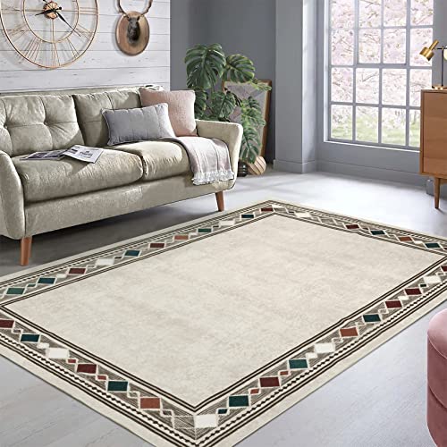 ROYHOME Washable Area Rug for Living Room Contemporary Bordered Floorcover Indoor Carpet Contemporary Geometric Bordered Accent Area Rugs for Bedroom, Home Office, Beige, 5 x 7 Feet