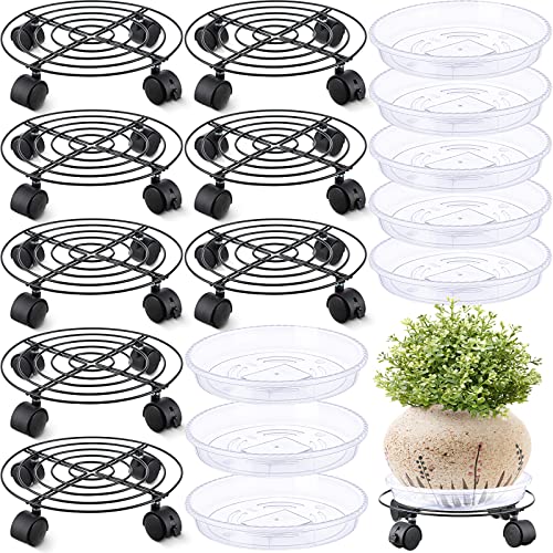 8 Pack Metal Plant Stand Plant Dolly with Wheels Iron Rolling Plant Stand with Casters Heavy Duty Round Flower Pot Rack with 8 Pcs Plastic Saucers for Indoor Outdoor Plant Pot (Black,10.6 Inch)