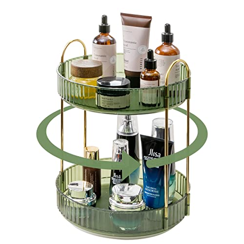 360° Rotating Makeup Organizer, Bathroom Makeup Carousel Spinning Holder Rack, Large Capacity Cosmetics Storage Vanity Shelf Countertop, Fits Cosmetics, Perfume, Skin Care, Lipsticks(2 Tiers, Green)