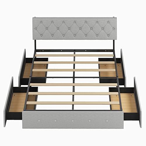 Mjkone Full Size Bed Frame, Upholstered Platform Bed Frame with 4 Built-in Storage Drawers & Adjustable Headboard, Button Tufted Design, No Box Spring Needed- Light Grey