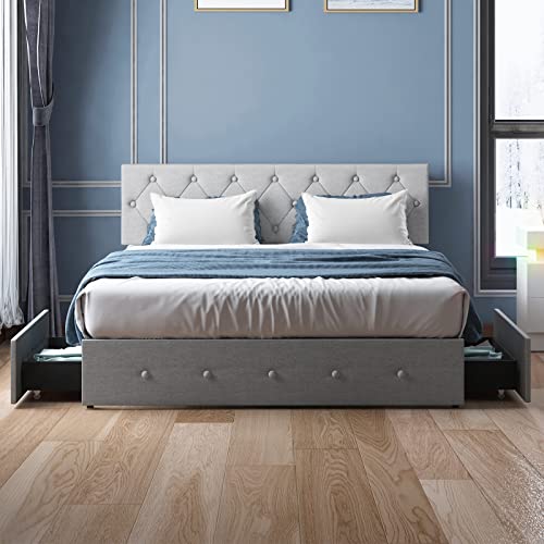 Mjkone Full Size Bed Frame, Upholstered Platform Bed Frame with 4 Built-in Storage Drawers & Adjustable Headboard, Button Tufted Design, No Box Spring Needed- Light Grey