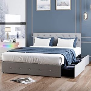 mjkone full size bed frame, upholstered platform bed frame with 4 built-in storage drawers & adjustable headboard, button tufted design, no box spring needed- light grey