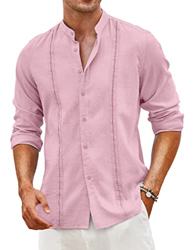 COOFANDY Men's Collarless Shirts Long Sleeve Linen Button Up Dress Shirt Casual Beach Tops Light Pink