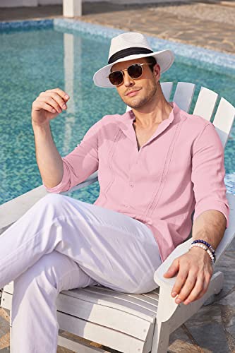 COOFANDY Men's Collarless Shirts Long Sleeve Linen Button Up Dress Shirt Casual Beach Tops Light Pink