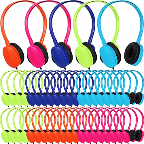 50 Pack Classroom Headphones Bulk Adjustable School Wired Headphone Over The Head Student Headphones Earbuds Multicolor on Ear Headphone Wired Headphone for Kids Adults School Library Testing Centers