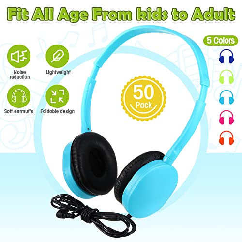 50 Pack Classroom Headphones Bulk Adjustable School Wired Headphone Over The Head Student Headphones Earbuds Multicolor on Ear Headphone Wired Headphone for Kids Adults School Library Testing Centers