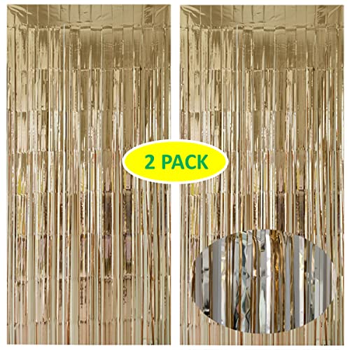 Buyuget 2 Pack Large 3.2 x 8.2 ft Champagne Gold Tinsel Foil Fringe Backdrop Curtain Party Decoration - Doorway Streamer Curtain Photo Backdrop for Birthday Wedding Engagement Party Decor