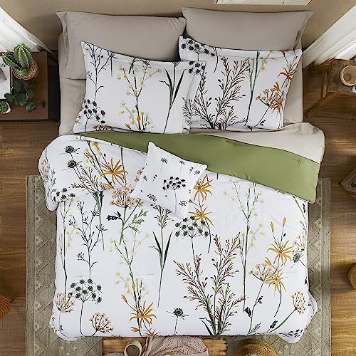 CASAAGUSTO King Comforter Set 8 PCS White & Green Dandelion Plant Comforter Set with Flowers Leaves Pattern Soft Seersucker Design All Season Microfiber Bedding Set with Decor Pillow (102"X90")