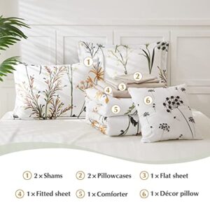 CASAAGUSTO King Comforter Set 8 PCS White & Green Dandelion Plant Comforter Set with Flowers Leaves Pattern Soft Seersucker Design All Season Microfiber Bedding Set with Decor Pillow (102"X90")