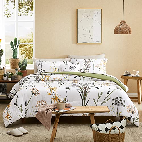 CASAAGUSTO King Comforter Set 8 PCS White & Green Dandelion Plant Comforter Set with Flowers Leaves Pattern Soft Seersucker Design All Season Microfiber Bedding Set with Decor Pillow (102"X90")