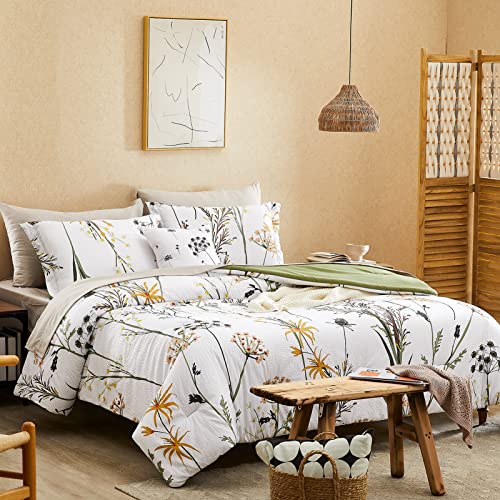 CASAAGUSTO King Comforter Set 8 PCS White & Green Dandelion Plant Comforter Set with Flowers Leaves Pattern Soft Seersucker Design All Season Microfiber Bedding Set with Decor Pillow (102"X90")