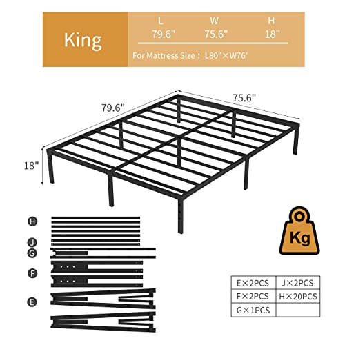 NEW JETO Metal Bed Frame-Simple and Atmospheric Metal Platform Bed Frame, Storage Space Under The Bed Heavy Duty Frame Bed, Durable King Size Bed Frame, 18 Inch, King