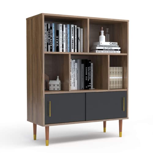 Cube Bookshelf 3 Tier Mid-Century Modern Bookcase with Doors & Legs, Retro Wood Storage Organizer Shelf, Free Standing Open Book Shelves Rustic Brown Display Bookcases for Bedroom, Living Room, Office