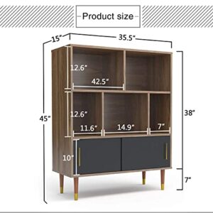 Cube Bookshelf 3 Tier Mid-Century Modern Bookcase with Doors & Legs, Retro Wood Storage Organizer Shelf, Free Standing Open Book Shelves Rustic Brown Display Bookcases for Bedroom, Living Room, Office