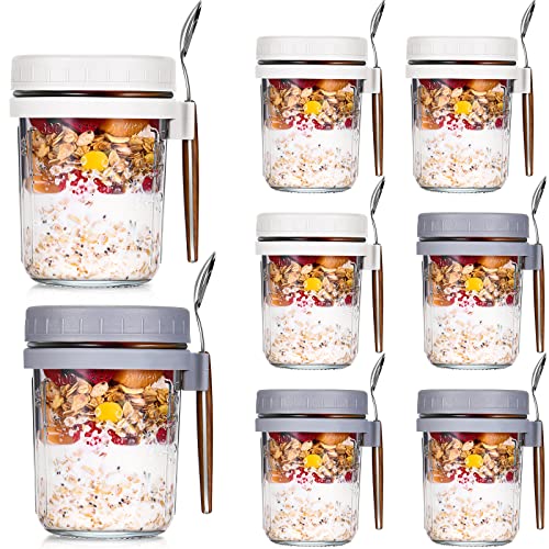 8 Pcs 10 oz Overnight Oats Containers with Lids and Spoons Large Capacity Airtight Oatmeal Overnight Oat Jars with Measurement Marks Oatmeal Container for Milk Cereal Fruit (grey and White)