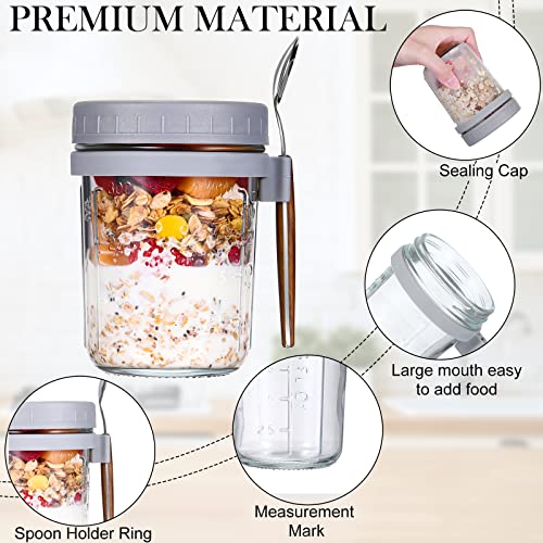 8 Pcs 10 oz Overnight Oats Containers with Lids and Spoons Large Capacity Airtight Oatmeal Overnight Oat Jars with Measurement Marks Oatmeal Container for Milk Cereal Fruit (grey and White)