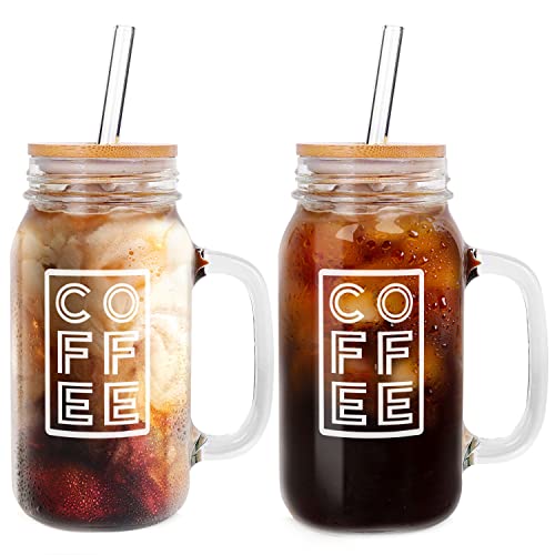 Mason Jar Iced Coffee Cup with Lid and Straw, 24oz Regular Mouth Mason Jars with Handle Glass Coffee Drinking Glasses Tumbler Reusable Boba Cups Bottles for Iced Coffee Cups for Travel Office Home