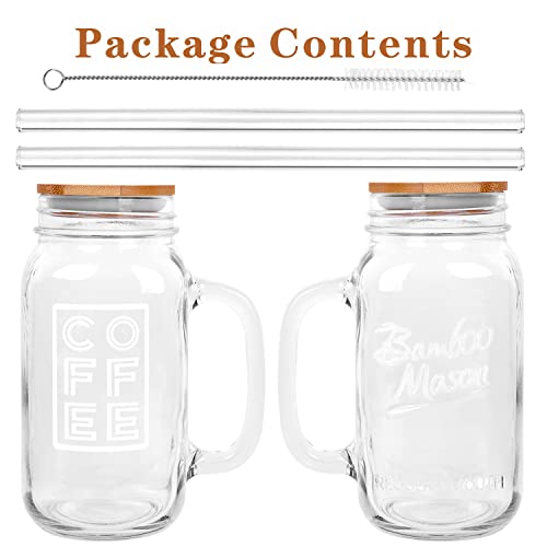 Mason Jar Iced Coffee Cup with Lid and Straw, 24oz Regular Mouth Mason Jars with Handle Glass Coffee Drinking Glasses Tumbler Reusable Boba Cups Bottles for Iced Coffee Cups for Travel Office Home