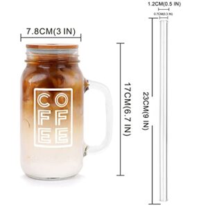 Mason Jar Iced Coffee Cup with Lid and Straw, 24oz Regular Mouth Mason Jars with Handle Glass Coffee Drinking Glasses Tumbler Reusable Boba Cups Bottles for Iced Coffee Cups for Travel Office Home