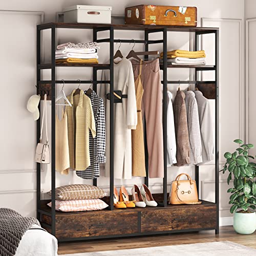 Tribesigns Freestanding Closet Organizer with 2 Drawers, 71’’H X 55’’W Heavy Duty Garment Rack with Shelves and 6 Hooks, Wardrobe Closet Clothes Rack for Hanging Clothes, Clothing Storage for Bedroom