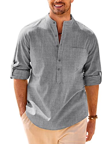 COOFANDY Men's Cotton Henley Shirt Long Sleeve Slim Fit Linen Casual Summer Beach Hippie T Shirt Light Grey