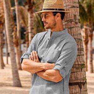 COOFANDY Men's Cotton Henley Shirt Long Sleeve Slim Fit Linen Casual Summer Beach Hippie T Shirt Light Grey