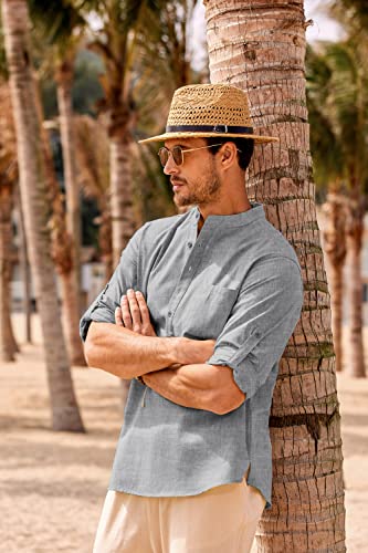 COOFANDY Men's Cotton Henley Shirt Long Sleeve Slim Fit Linen Casual Summer Beach Hippie T Shirt Light Grey