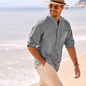 COOFANDY Men's Cotton Henley Shirt Long Sleeve Slim Fit Linen Casual Summer Beach Hippie T Shirt Light Grey