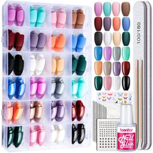 coffin shape press on nails set, teenitor 24 packs 576pcs matte short coffin glue on nails medium length, 12 colors coffin , 12 colors glossy press on coffin nails, reusable, nail adhesive tabs, nail stickers rhinestone