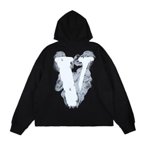 cactus pack men's hip hop hooded big v letter print hoodies unisex heavyweight design hooded sweatshit black