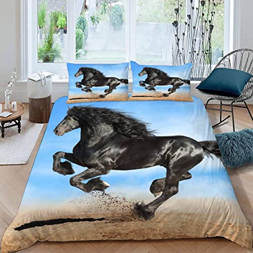 Quilt Cover Twin Size Friesian 3D Bedding Sets Black Stallion Duvet Cover Breathable Hypoallergenic Stain Wrinkle Resistant Microfiber with Zipper Closure,beding Set with 2 Pillowcase