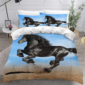 Quilt Cover Twin Size Friesian 3D Bedding Sets Black Stallion Duvet Cover Breathable Hypoallergenic Stain Wrinkle Resistant Microfiber with Zipper Closure,beding Set with 2 Pillowcase