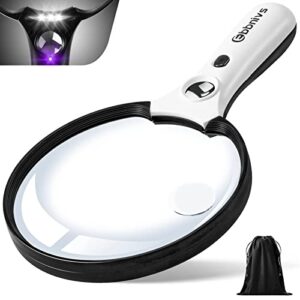 large magnifying glass with light, 10x 20x 45x handheld with 3 led lights 1uv light storage bag clean cloth for seniors reading inspection