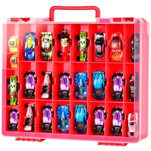 fullcase toys organizer storage compatible with hot wheels car, container for matchbox cars, mini toys, small dolls, double sided carrying box for hotwheels car- 48 compartments(box only) red