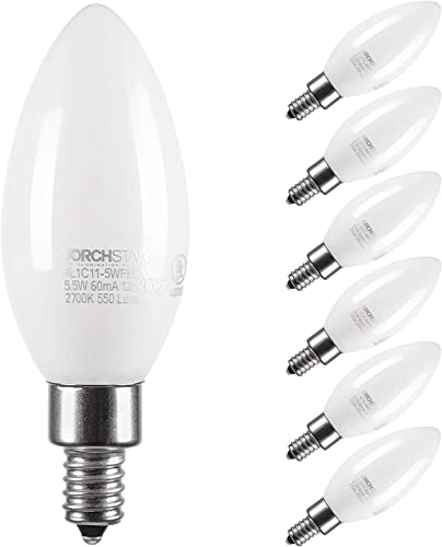 TORCHSTAR Dimmable E12 LED Candelabra Bulb, UL Listed, 60W Equivalent Chandelier Light Bulbs, 550lm, LED Filament Candle Bulb C11, Frosted Glass Ceiling Fan Light Bulbs, 2700K Soft White, Pack of 6