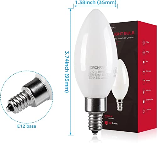 TORCHSTAR Dimmable E12 LED Candelabra Bulb, UL Listed, 60W Equivalent Chandelier Light Bulbs, 550lm, LED Filament Candle Bulb C11, Frosted Glass Ceiling Fan Light Bulbs, 2700K Soft White, Pack of 6