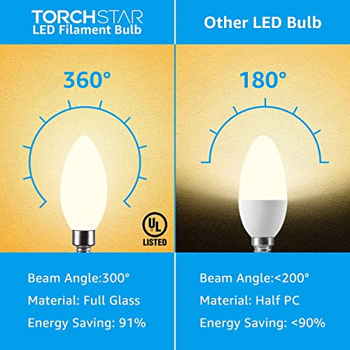 TORCHSTAR Dimmable E12 LED Candelabra Bulb, UL Listed, 60W Equivalent Chandelier Light Bulbs, 550lm, LED Filament Candle Bulb C11, Frosted Glass Ceiling Fan Light Bulbs, 2700K Soft White, Pack of 6