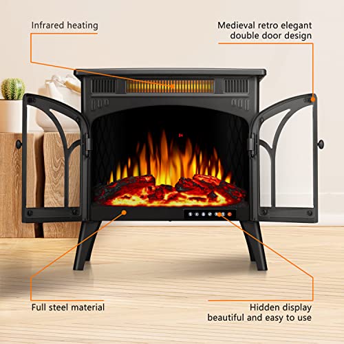 ZAFRO 24Inches Electric Fireplace Stove, Free-Standing Electric Fireplace with Adjustable Brightness, Indoor Heater with Realistic Flame Effects, Overheating Protection, 500w/1500w, Black