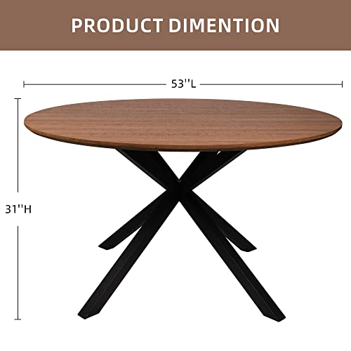 53'' Mid-Century Modern Round Dining Room Table for 4-6 Person for Home, Kitchen, Restaurant, W/Solid Metal Legs Leisure Table , Easy-Assembly, Walnut Looking