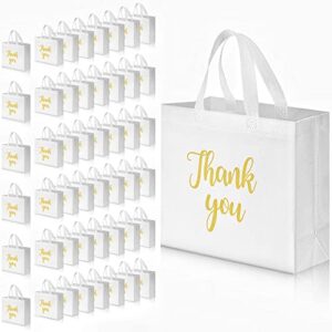 fumete 50 pcs reusable non woven thank you bags shopping bags grocery bags bulk shopping merchandise bag with handles (white, gold)