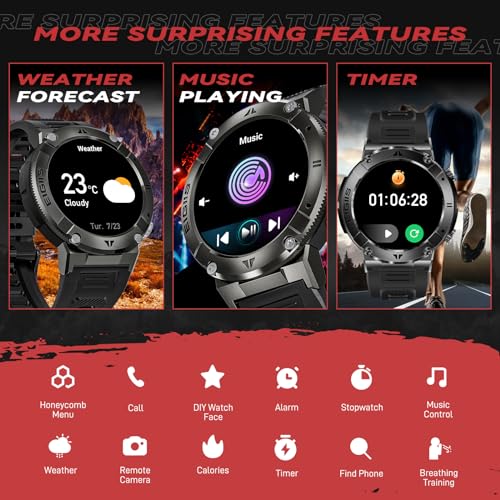 INEYES Military Smart Watches for Men, Outdoor Rugged Tactical Watch with Calling Sport Modes Heart Rate Sleep Monitor, HD Smartwatch for Android iPhone