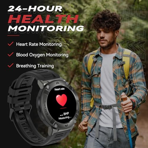 INEYES Military Smart Watches for Men, Outdoor Rugged Tactical Watch with Calling Sport Modes Heart Rate Sleep Monitor, HD Smartwatch for Android iPhone