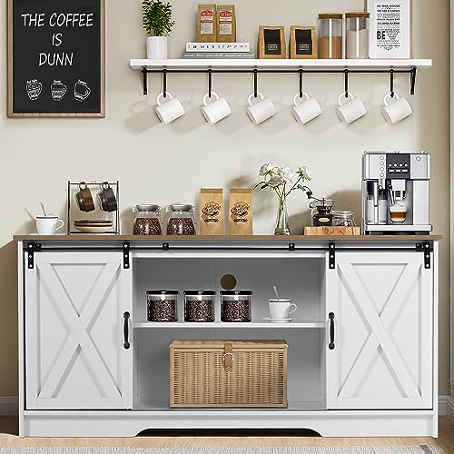 4ever2buy Farmhouse Coffee Bar Cabinet with Storage, 59’’ Kitchen Buffet Storage Cabinet with Sliding Barn Door, White Buffet Table with Adjustable Shelf, Coffee Bar Table for Living Dining Room