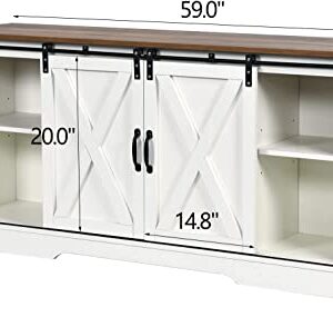 4ever2buy Farmhouse Coffee Bar Cabinet with Storage, 59’’ Kitchen Buffet Storage Cabinet with Sliding Barn Door, White Buffet Table with Adjustable Shelf, Coffee Bar Table for Living Dining Room