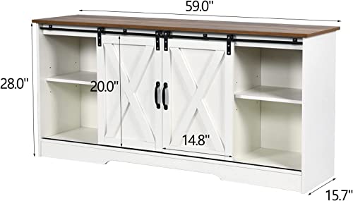 4ever2buy Farmhouse Coffee Bar Cabinet with Storage, 59’’ Kitchen Buffet Storage Cabinet with Sliding Barn Door, White Buffet Table with Adjustable Shelf, Coffee Bar Table for Living Dining Room