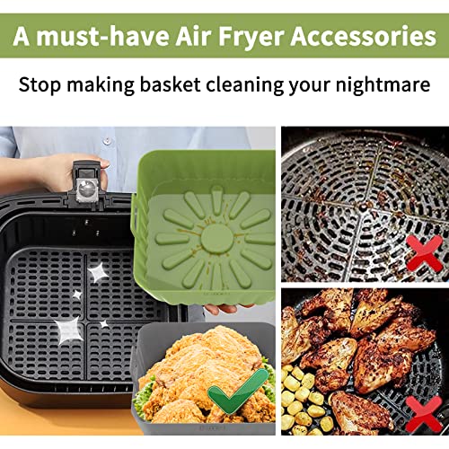 2-Pack OUTXE 9 inch Square Silicone Air Fryer Liners for 6QT to 9QT Reusable Large Air Fryer Insert Silicone Air Fryer Cover Easy Cleaning for Oven Accessories (Green+Grey)