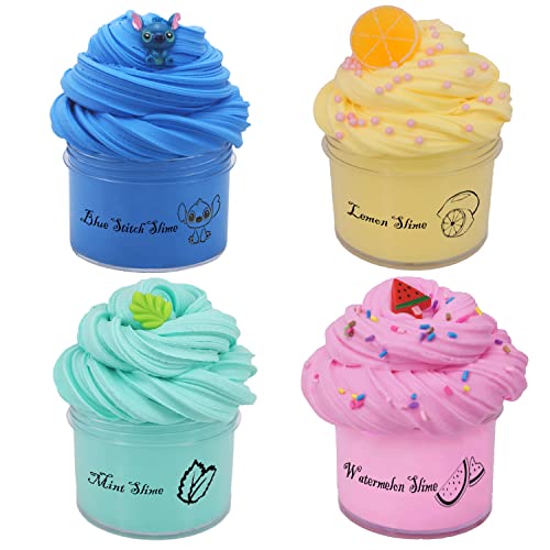 SpottyHippo 4 Packs Butter Slime,Yellow Lemon,Blue Stitch,Pink Watermelon and Mint Green Slime,Super Soft and Non-Sticky, Party Favors for Boys and Girls