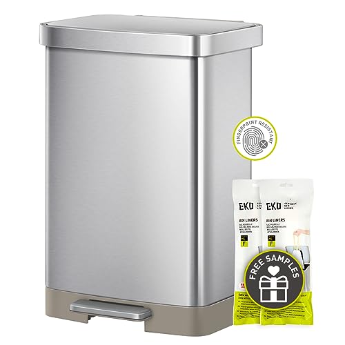 EKO Hudson Matte Stainless 50 Liter/13.2 Gallon Step Trash Can with Rear Trash Bag Storage Compartment